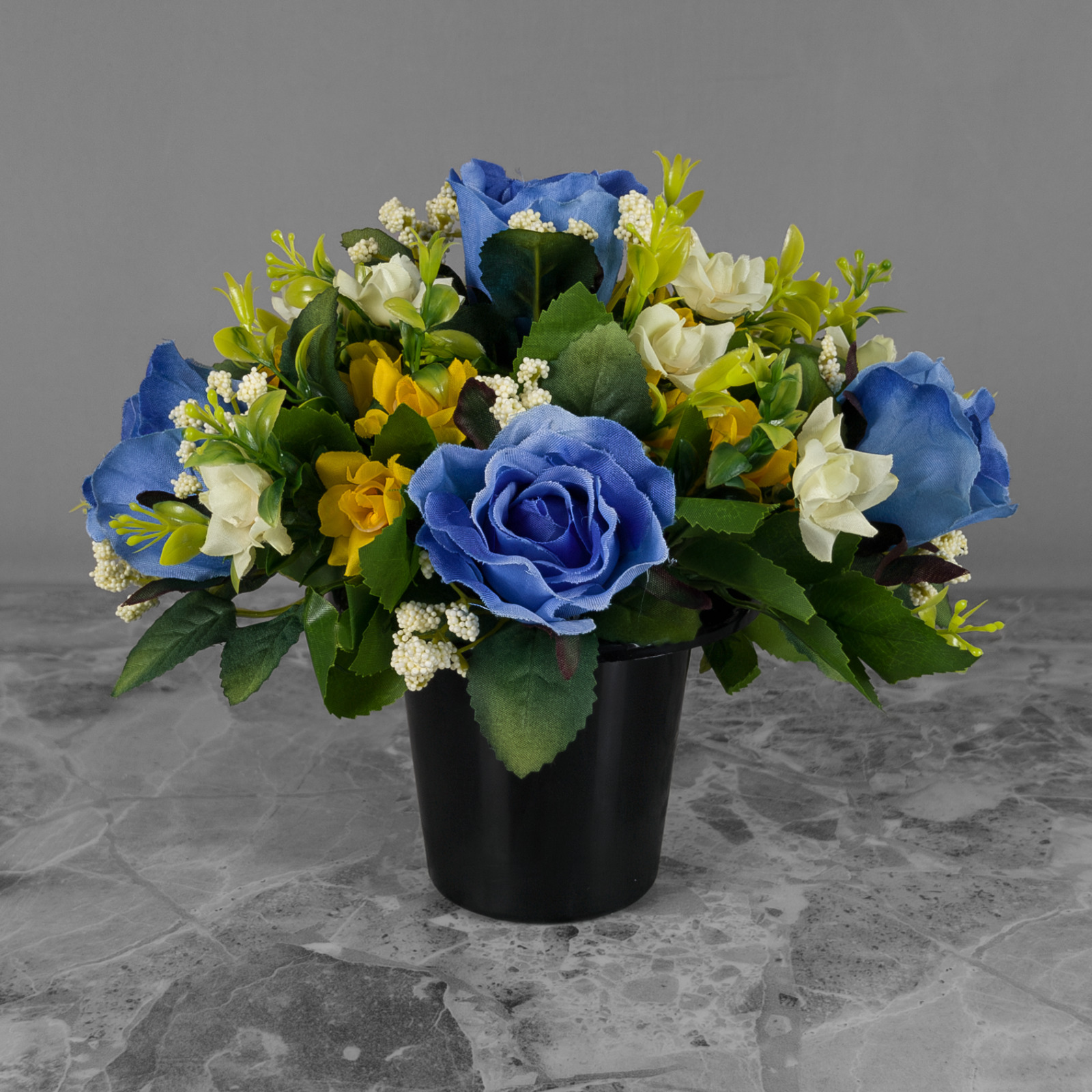 Blue Roses and Yellow Mini Roses Memorial - Artificial Silk Grave Pots ...