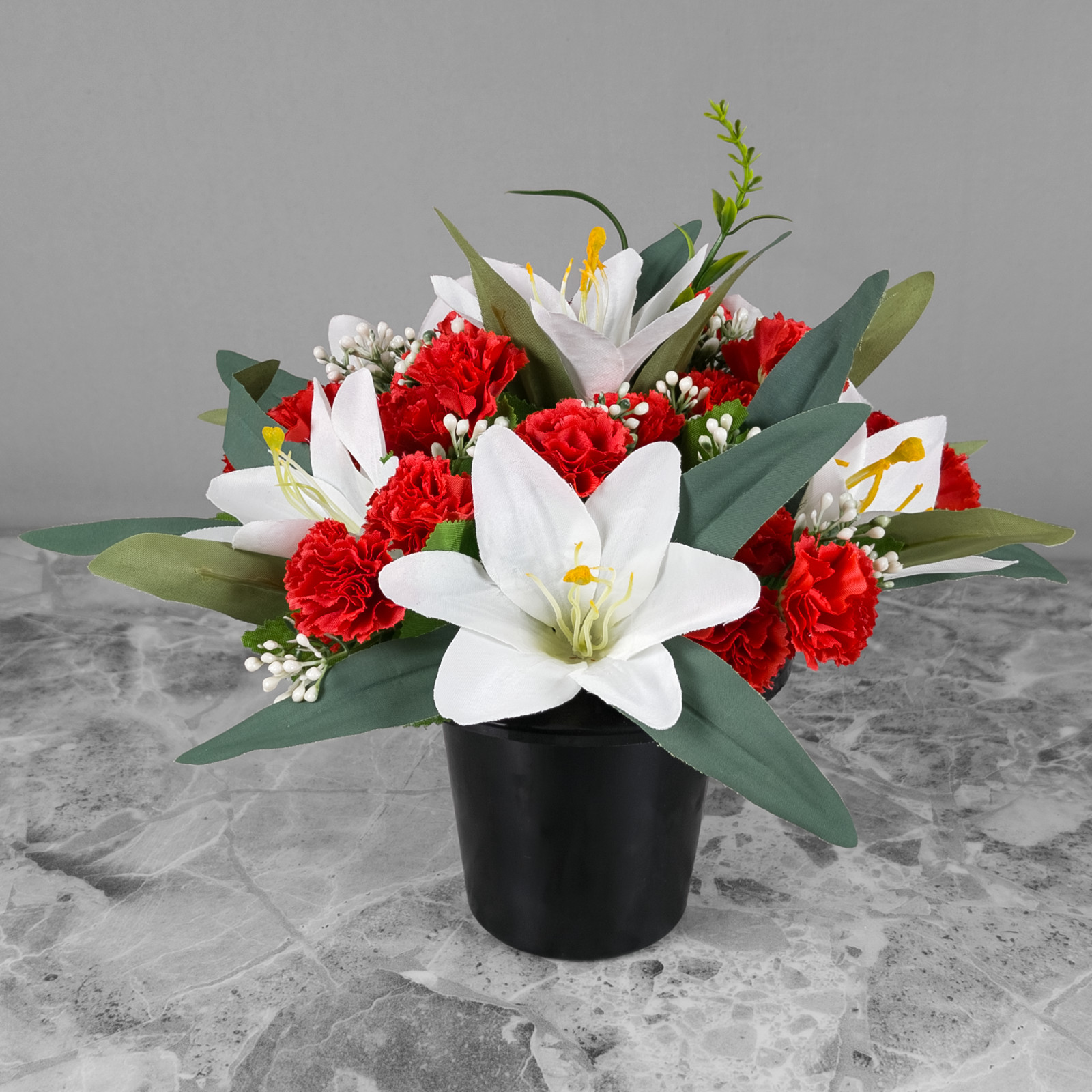 Red Mini Carnations & White Lilies Arrangement - Artificial Silk Grave ...