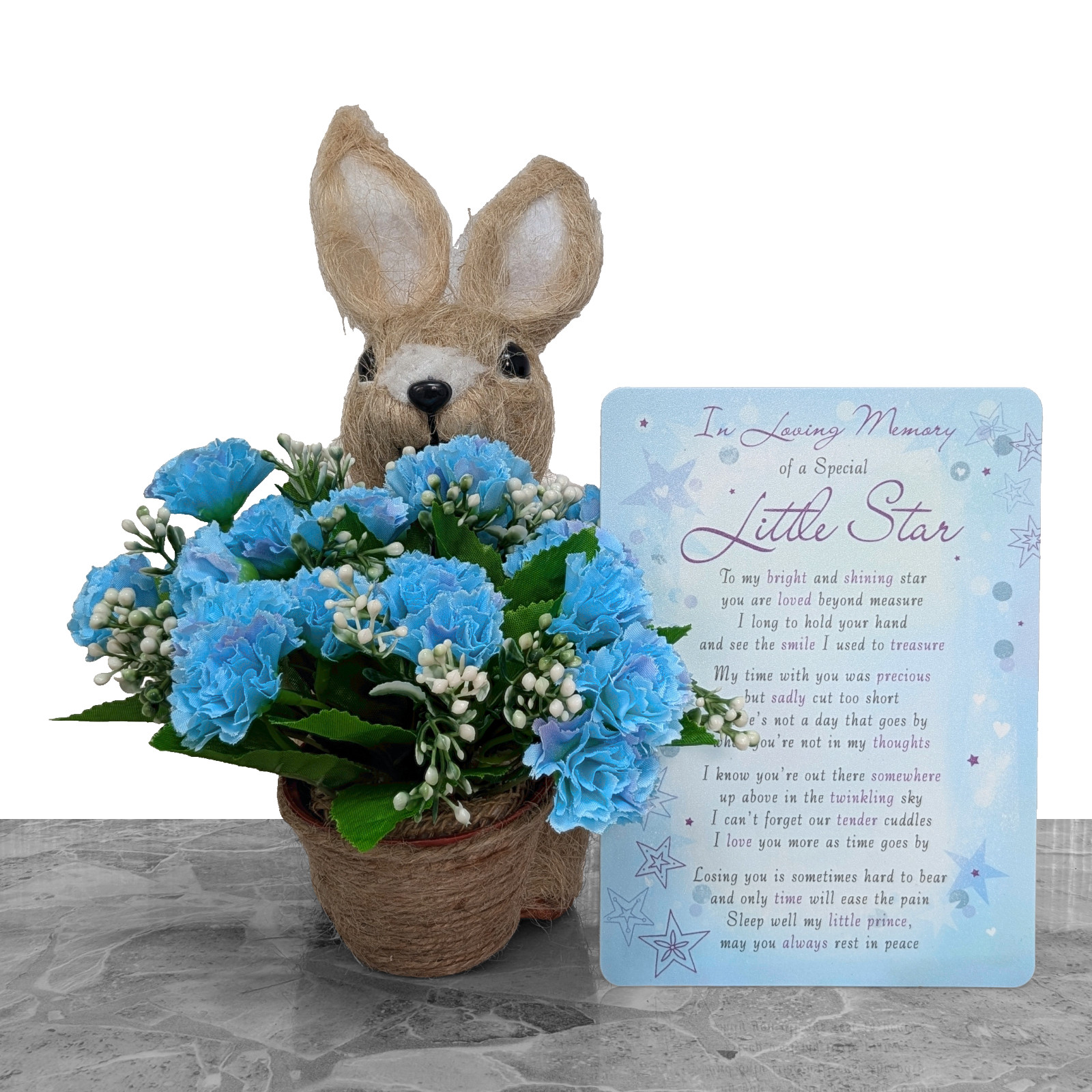 Blue Mini Carnations in Straw Bunny Memorial + 'Little Prince' Card ...
