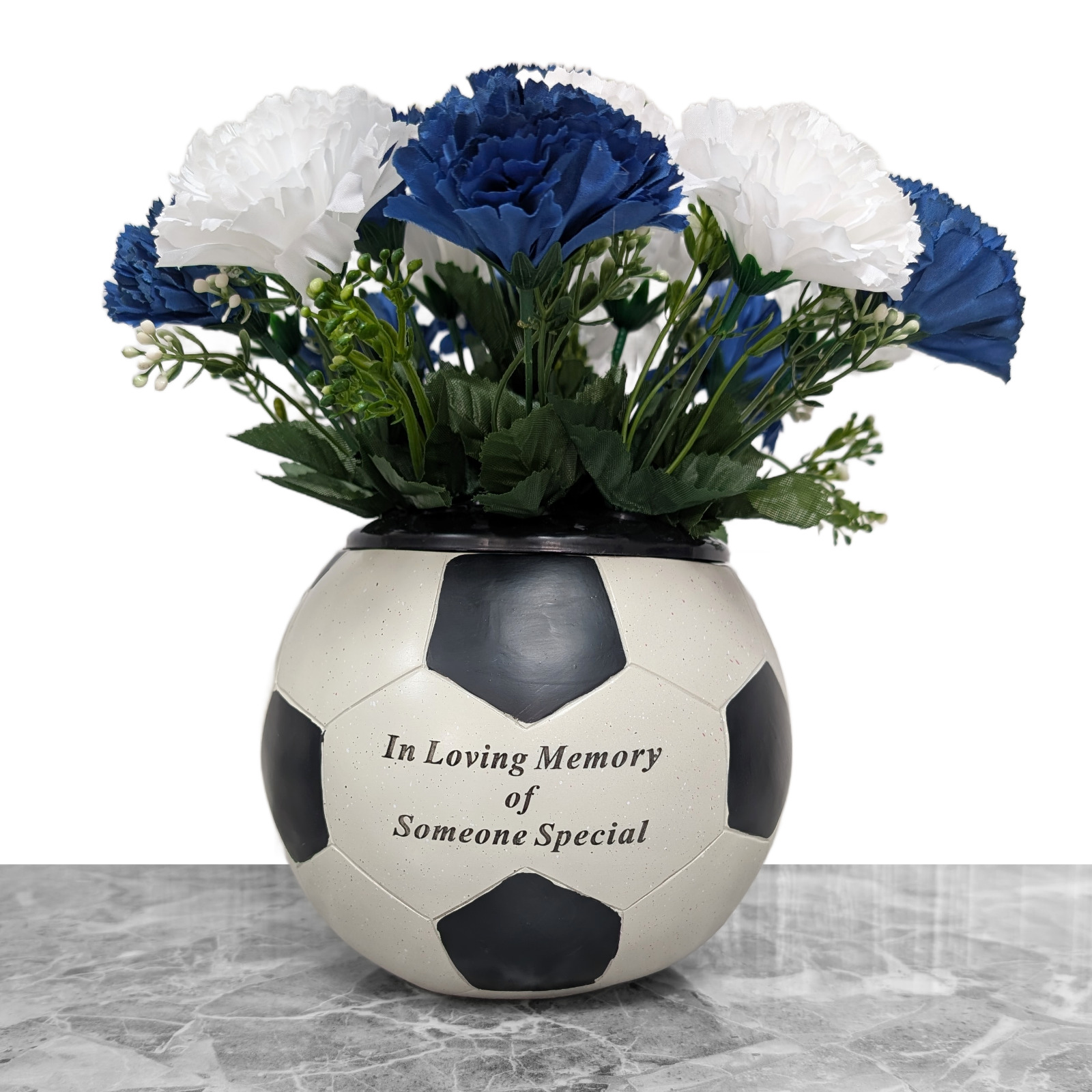 Blue White Carnations in Black Football Vase - Artificial Silk Grave ...