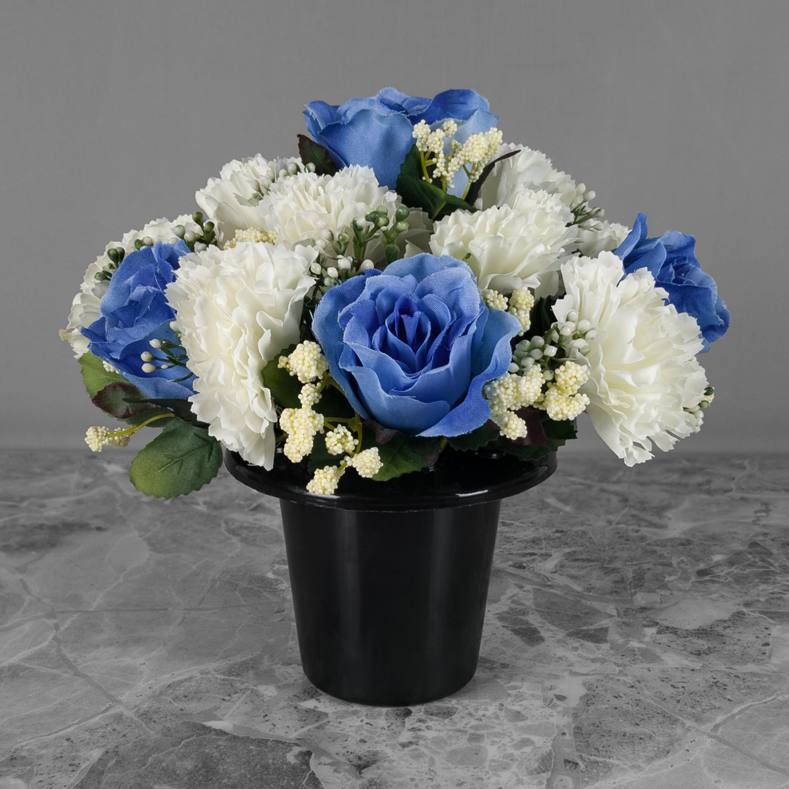 Blue Roses Cream Carnations 16-Head Grave - Artificial Silk Grave Pots ...