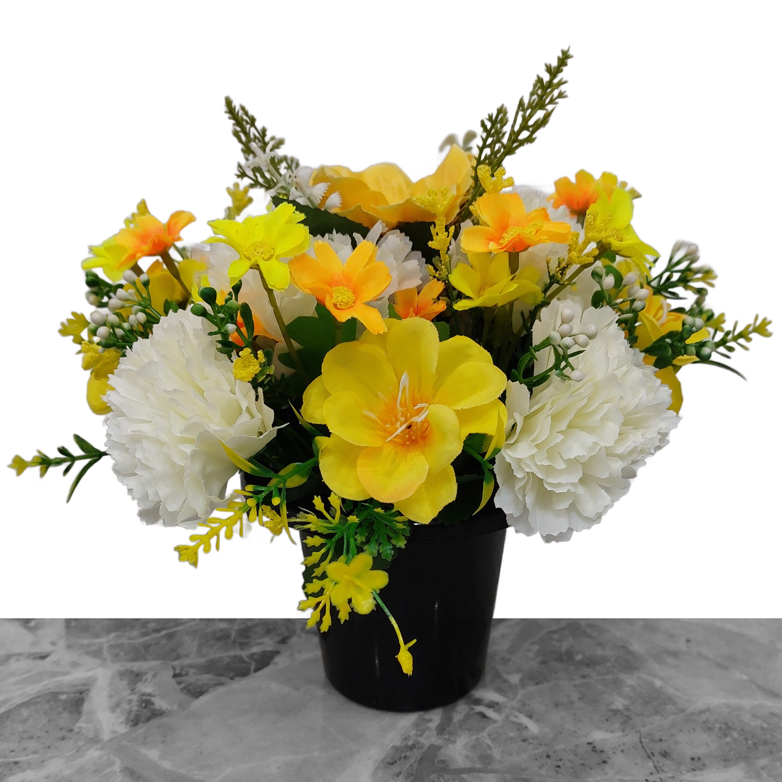 Yellow Cosmos & Cream Carnations | Flower Pot | Grave/Memorial ...